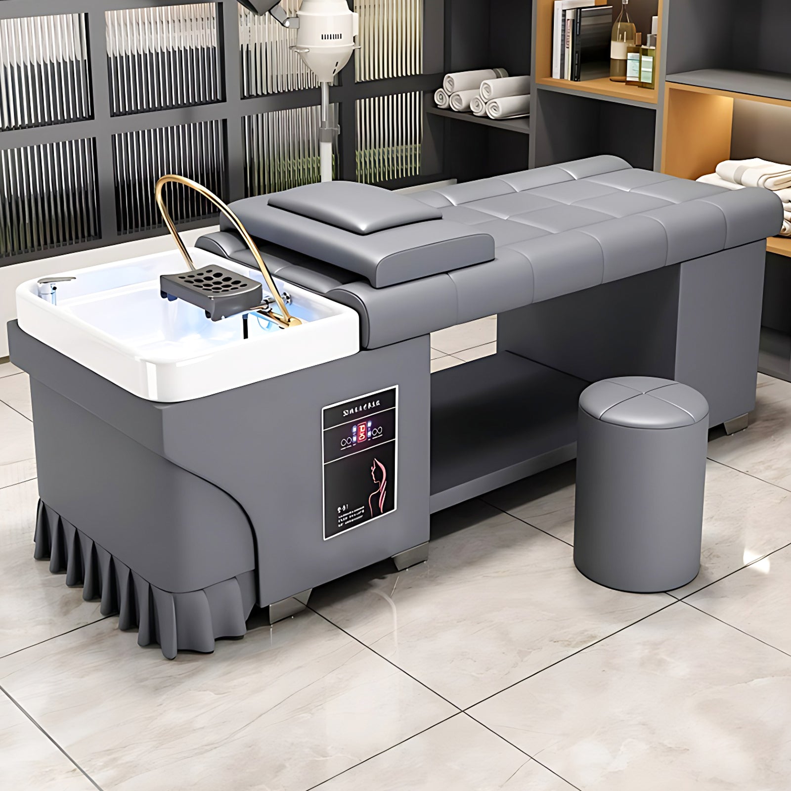 Hair Spa Salon Shampoo Bed with Storage Chic Gray Plaid Water Cycle Sy ...